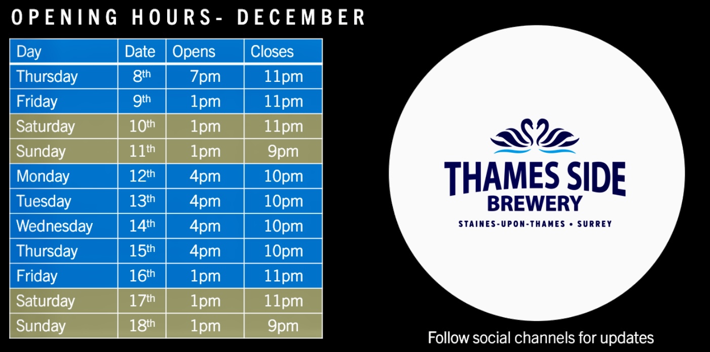 Opening hours until 18th December (more to follow) – Thames Side Brewery